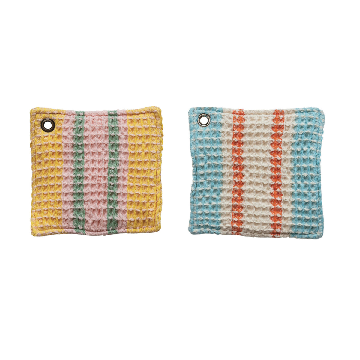 Woven Cotton Waffle Weave Pot Holder w/ Stripes & Metal Grommet, 2 Sty ...